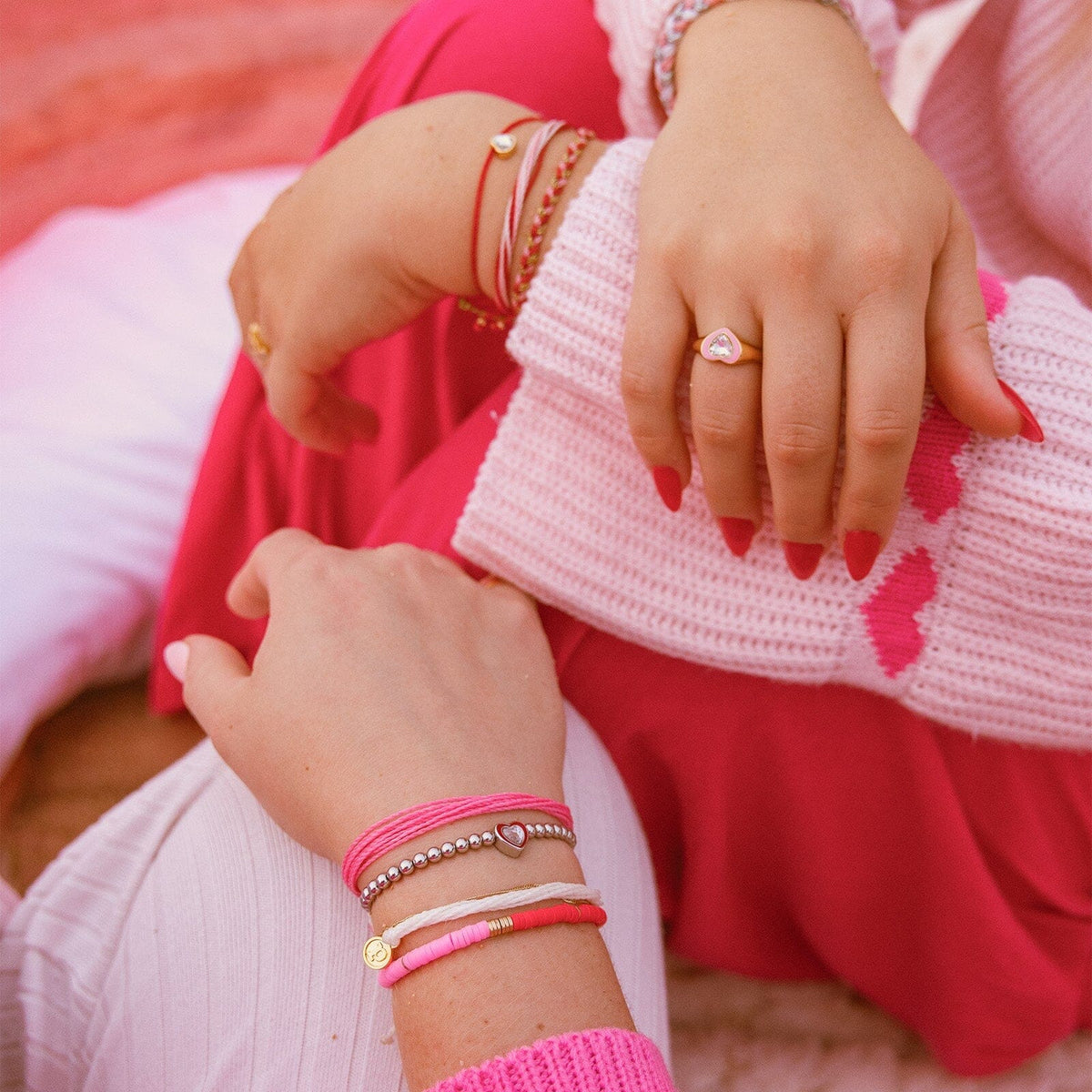 Pink and Red Vinyl Disc Bead Stretch Bracelet Set